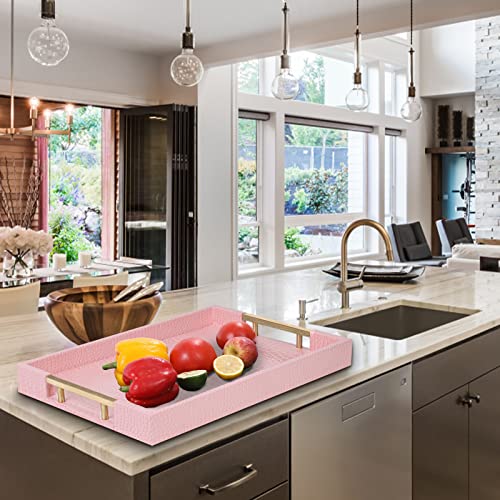 Serving Tray with Handles, 17.1βx11.8β PU Leather Ottoman Tray, Rectangle Coffee Table Tray, Modern Elegant Decorative Tray for Breakfast Tea Food Drinks Jewelry Living Room Kitchen Vanity,Pink