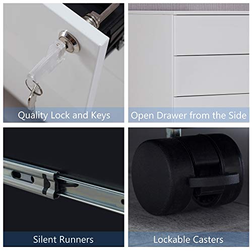 Danxee Fully Assembled Modern Design 3 Drawers Metal Mobile File Cabinet for Legal/Letter Size with Lock Key on Wheels for Home Office (White)