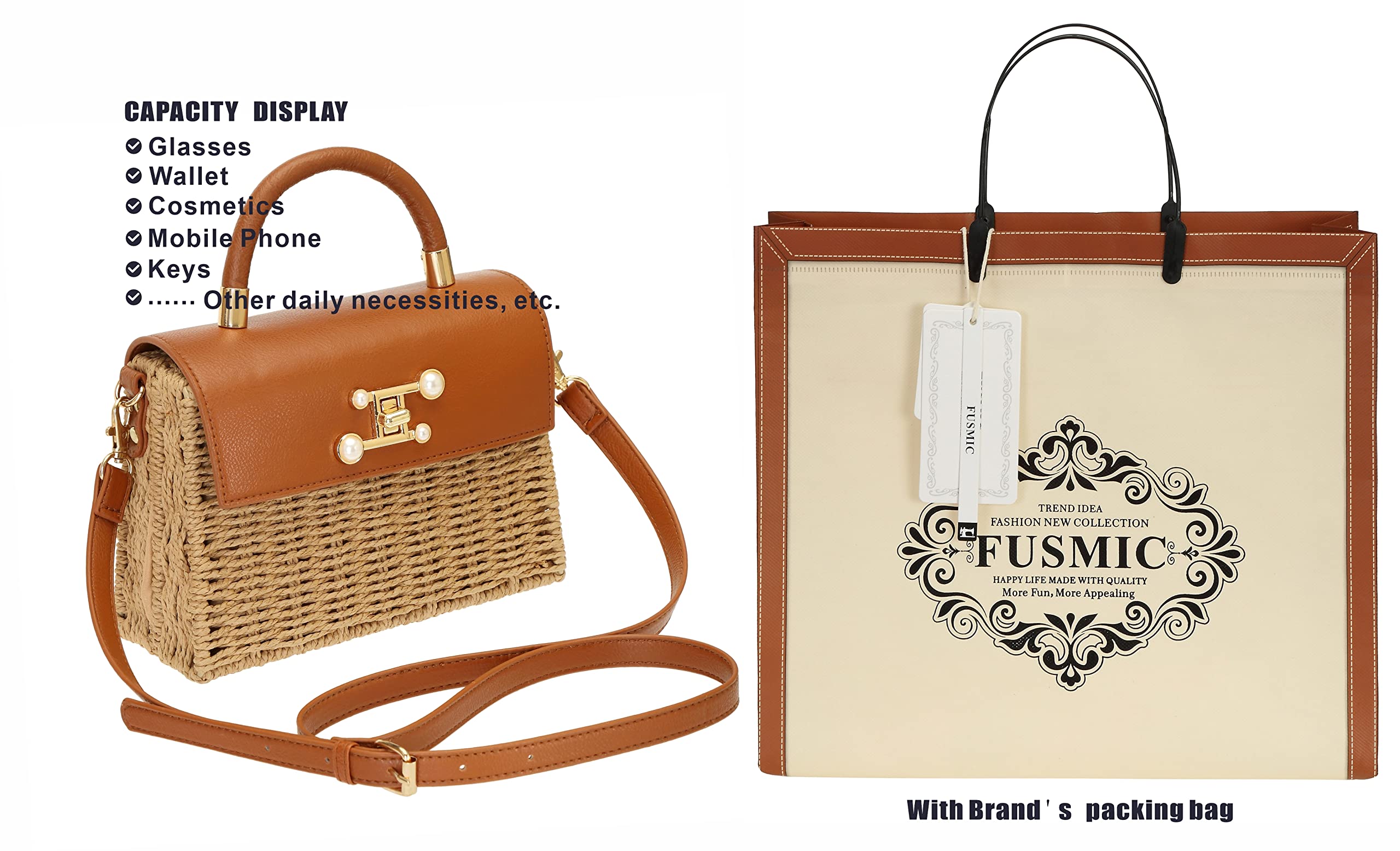 FUSMIC Women's Handbag Straw Handmade Decorative Buckle Square Rattan Weave Shoulder Bag Khaki