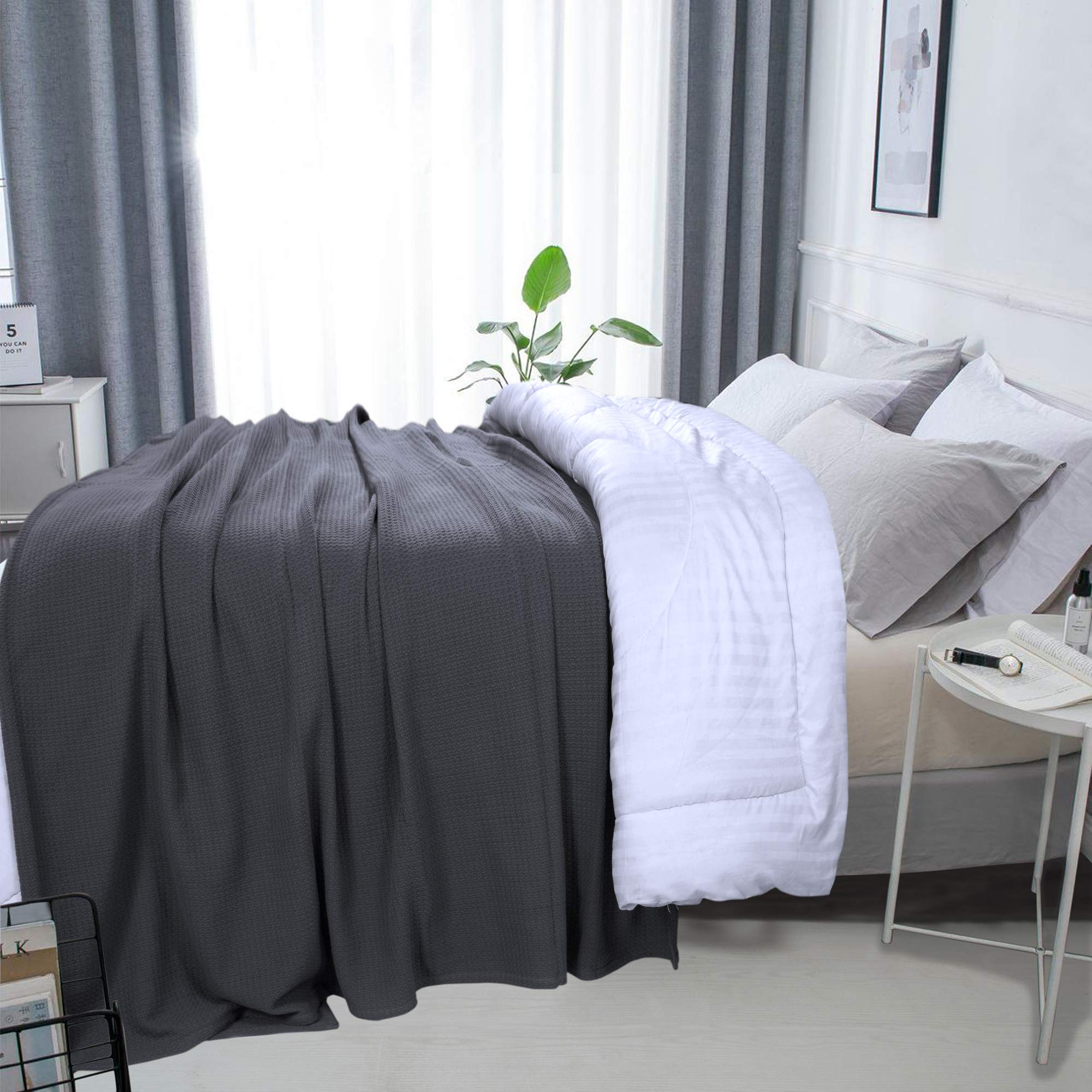 DOLLCENT 100% Soft Premium Combed Cotton Thermal Blanket– King Blankets – Soft Cozy Warm Cotton Blanket– Bed Throw Blanket– King Bed Blankets– All Season Cotton Blankets– Blue King Cotton Blankets