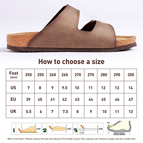 KLUKGE Mens Cork Sandals,Adjustable Buckle Leather Non-Slip Slippers Women's Flat Slide Cork Footbed Sandals Unisex Shoes, Arch Support(Light Brown US 14)