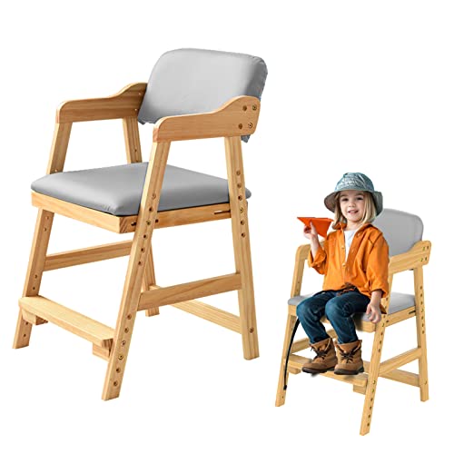 Wooden High Chair for Toddlers, Adjustable Toddler High Chair with High Rebound Waterproof Cushion for Toddlers to Teens,Toddler Dining Chair with Steps for Kids Dining, Studying, Step Tool (Grey)