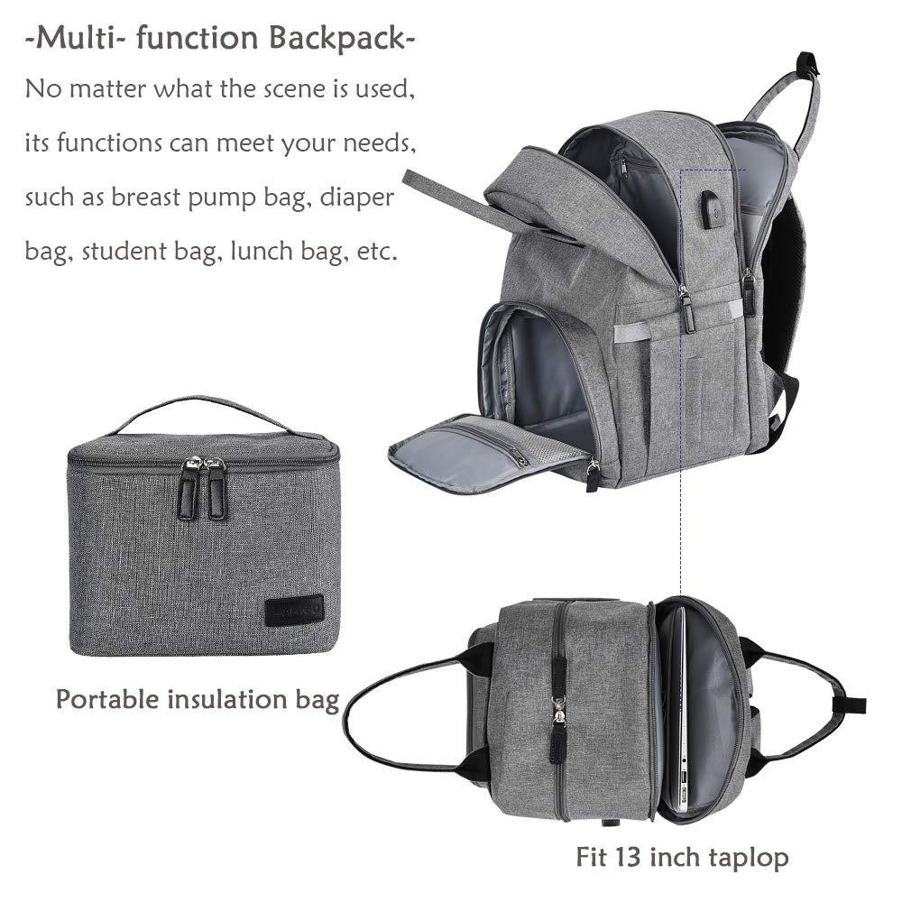Diaper Bag Breast Pump Backpack - Multi-Function Cooler and Moistureproof Bag Double Layer for Mother Baby Bottle Breast Milk Pump Outdoor Working Backpack with Insulation Bag (Grey) (Medium)