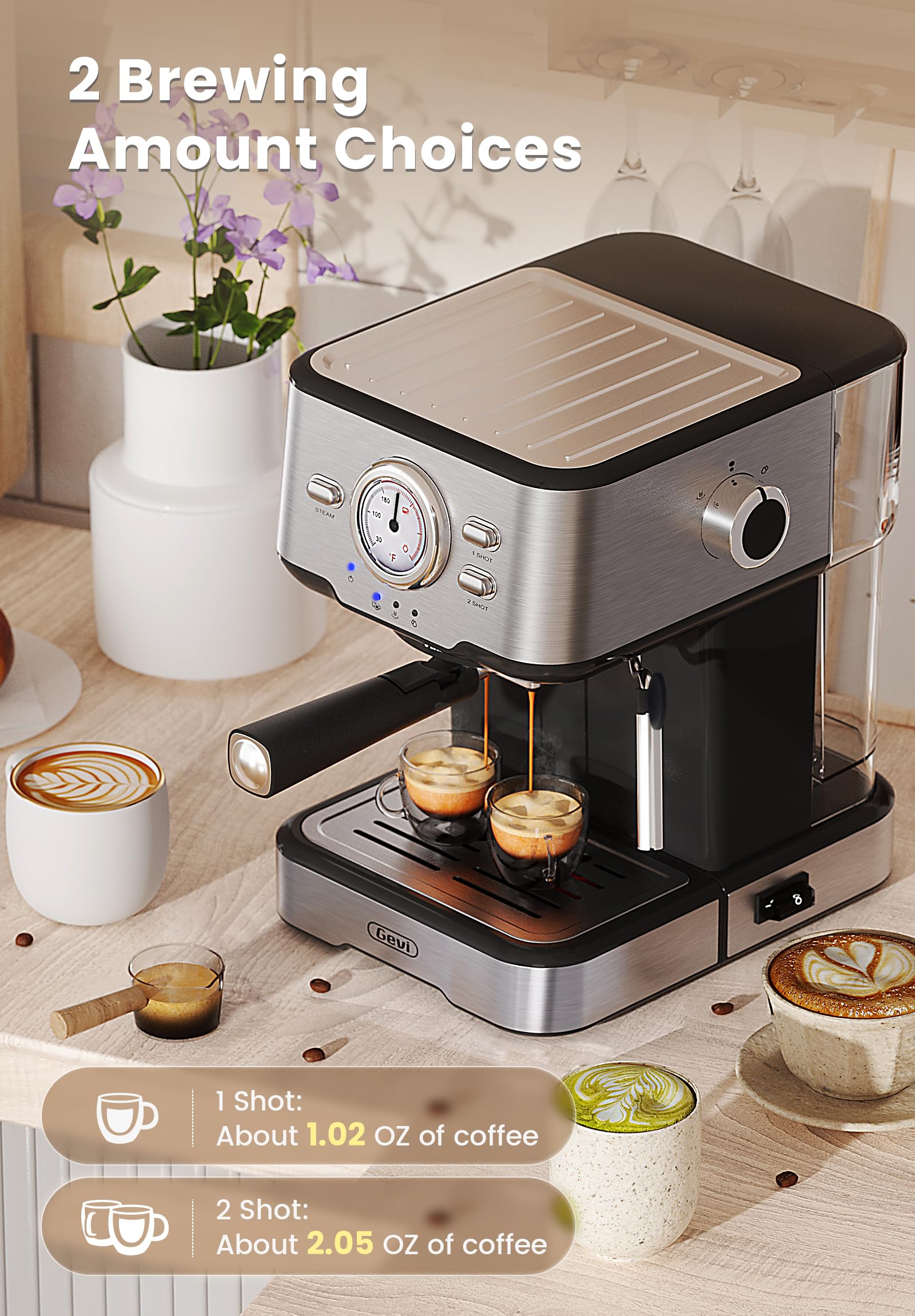 Gevi Espresso Machine High Pressure,compact espresso machines with Milk Frother Steam Wand,Professional Coffee,Cappuccino,Espresso,Latte,Macchiato Maker for home,espresso maker