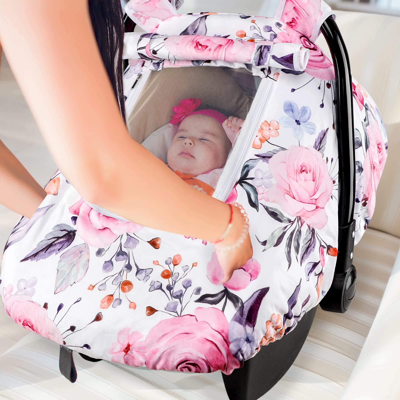 Floral Baby Car Seat Covers and Infant Car Seat Head Support Strap Covers, Double Layer, Super Soft Minky & Dot Fabric