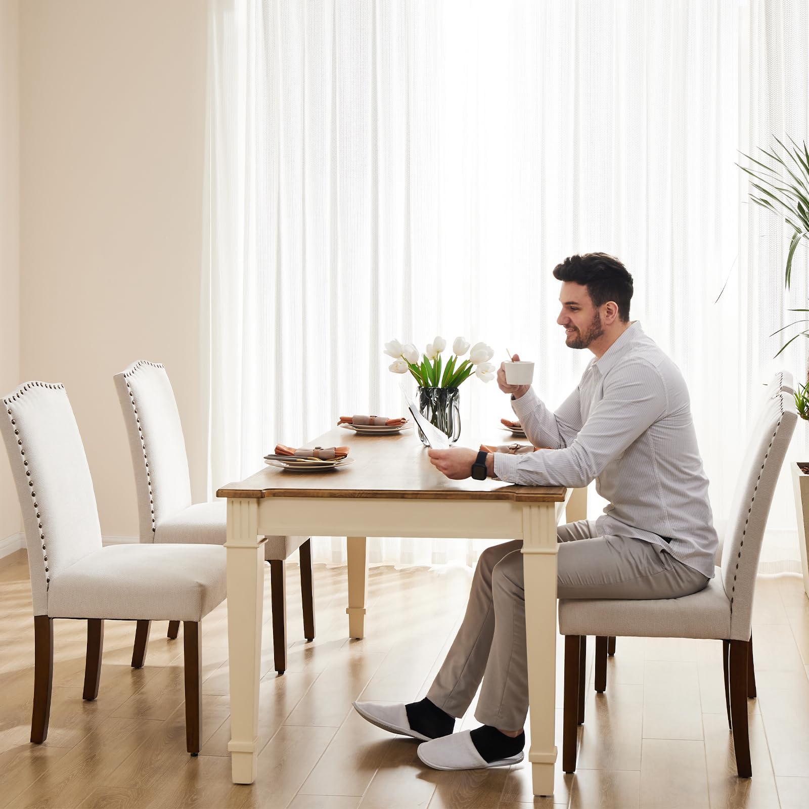 DUMOS Dining Chairs Set of 2, Fabric Dining Room Chairs, Upholstered Parsons Chairs with Nailhead Trim and Wood Legs, Kitchen Side Chair for Dining Living Room,Bedroom - Beige