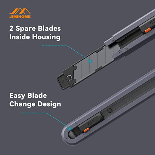 JIMIHOME Household Tool Essential Utility Knife Pack(2 PCS)Stainless Steel ABS Retractable SK2 Snap-off Blade Snapper 2 Spare Blades Change Light Duty Home Office Box Carton Cardboard Paper Cut