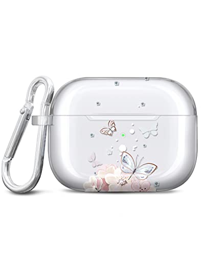 JAHOLAN for Airpods Pro 2nd Generation Case Cover Gold Plated Butterfly Design Protective TPU Skin for Women Girl with Keychain Compatible with AirPods Pro 2019/Pro 2 Gen 2022, Flower Pink