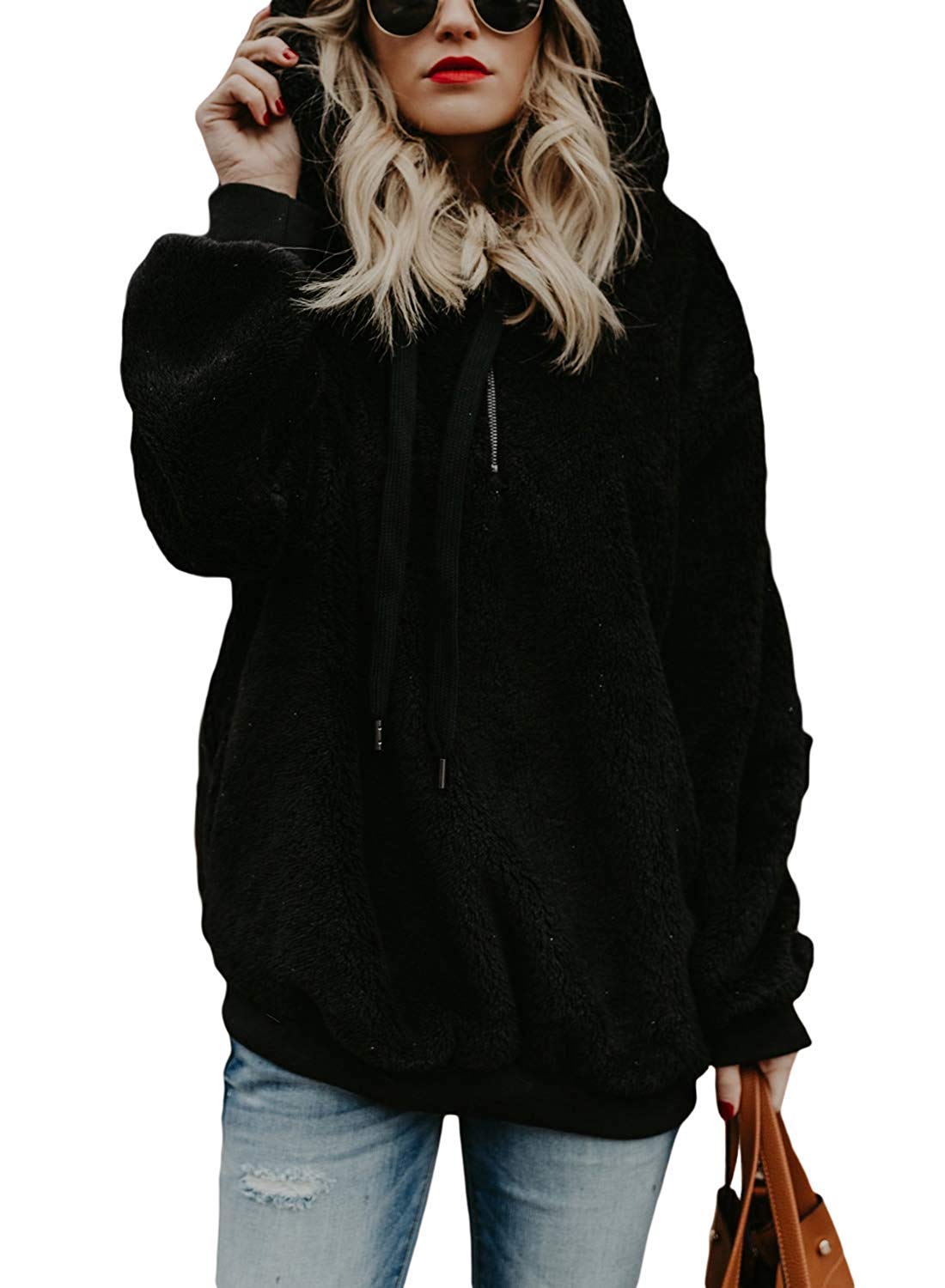 Doreyi Slouchy Sweatshirt for Women Cozy Pullover Fluffy Fleece Sweatshirt Oversized Hoodies Black M