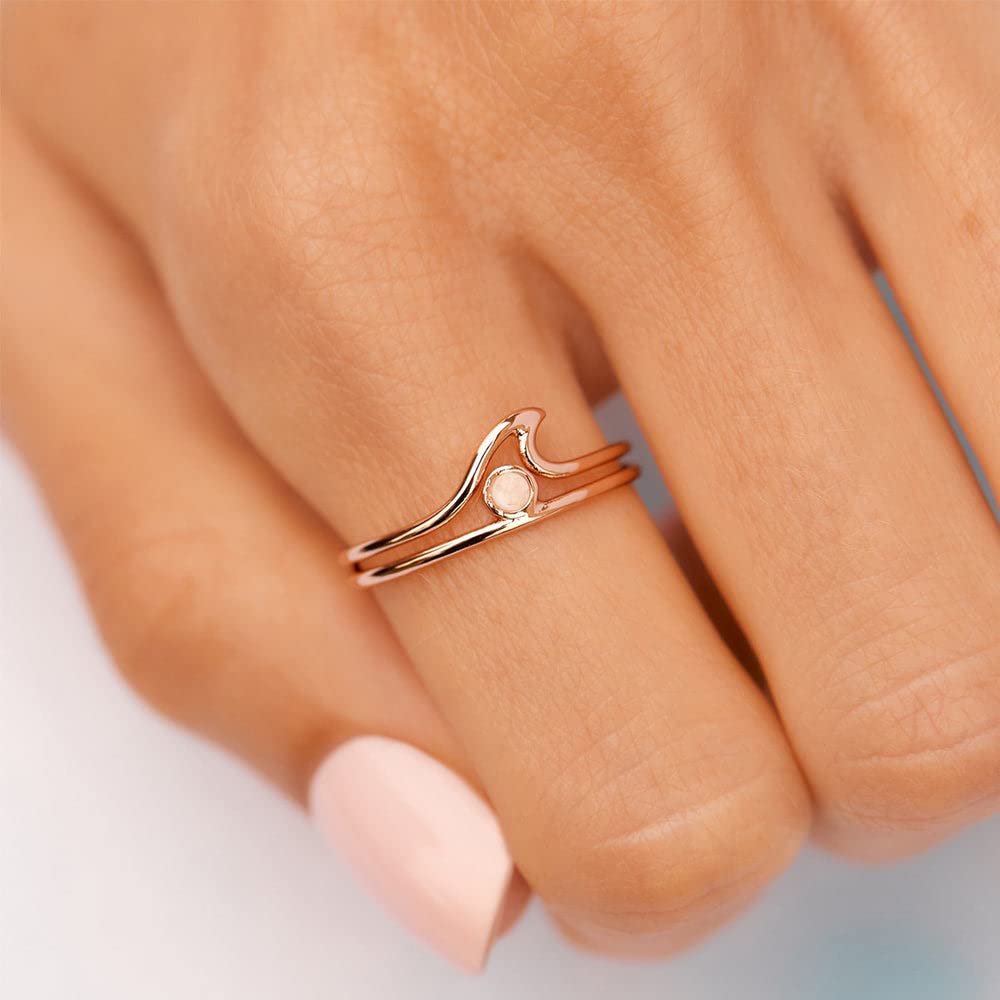 Pura Vida Rose Gold-Plated Opal Wave Ring w/White Stone - Brass Base, Stylish Design - Size 7