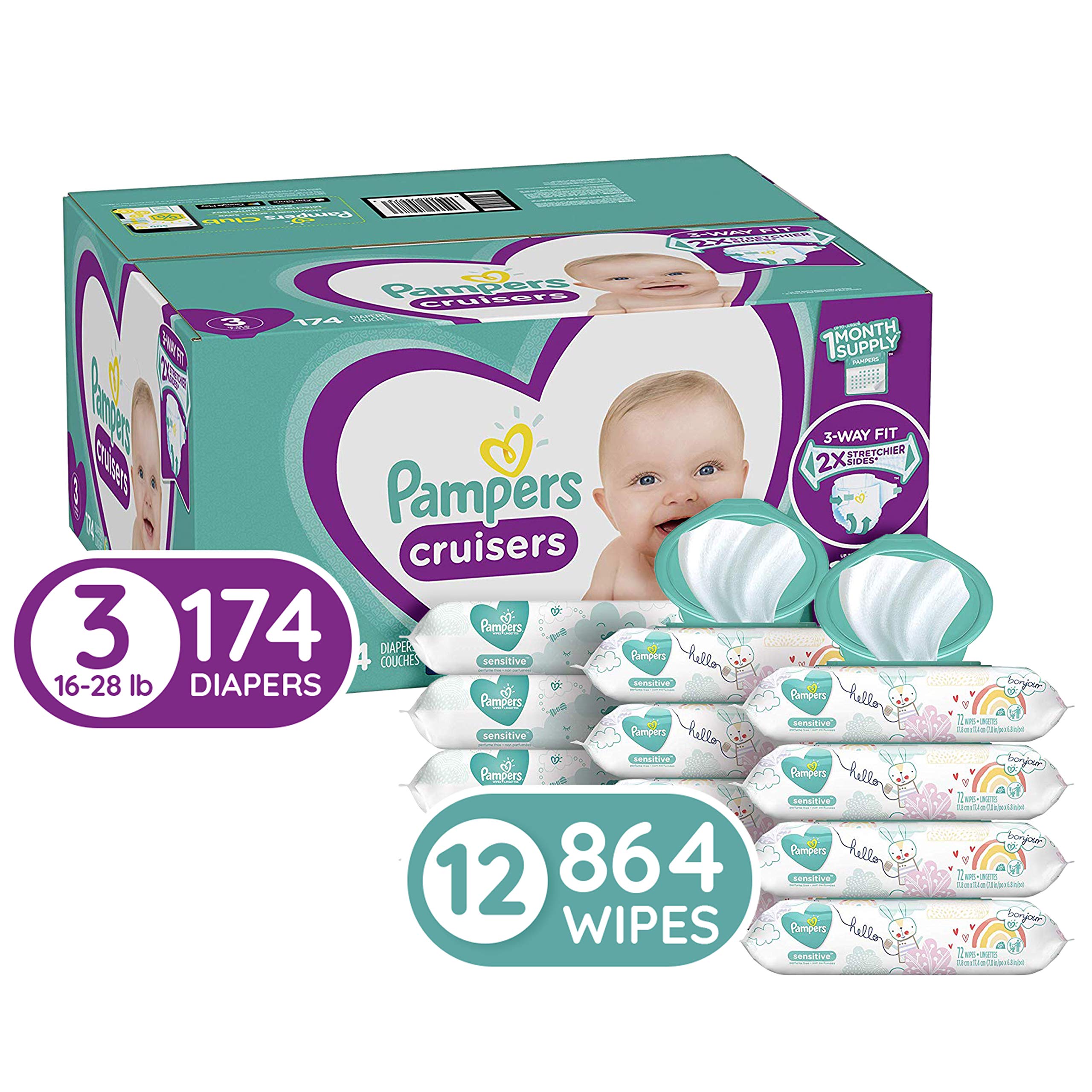 Diapers Size 3, 174 Count and Baby Wipes - Pampers Cruisers Disposable Baby Diapers, ONE Month Supply with Pampers Sensitive Water Baby Wipes, 12X Pop-Top Packs, 864 Count (Packaging May Vary)