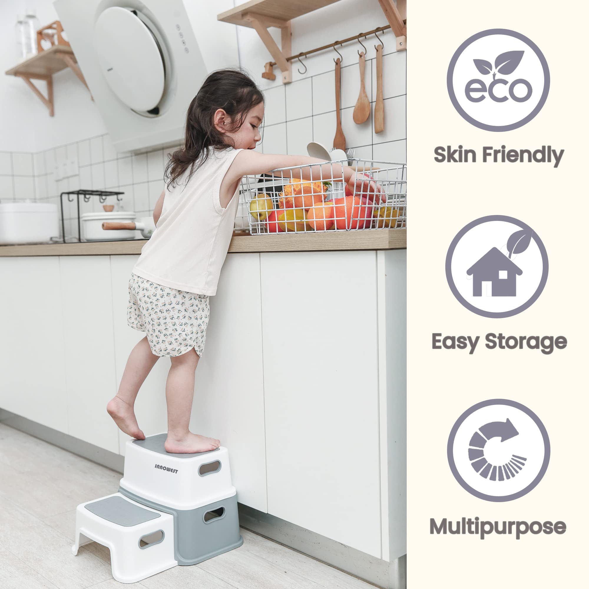 INNOWEST 2 Step Stool for Kids, Anti-Slip Sturdy Toddler Two Step Stool for Toilet Potty Training, Bathroom,Kitchen, Slip Resistant,Stools for Safety Dual Height & Wide Two Step (Blue)