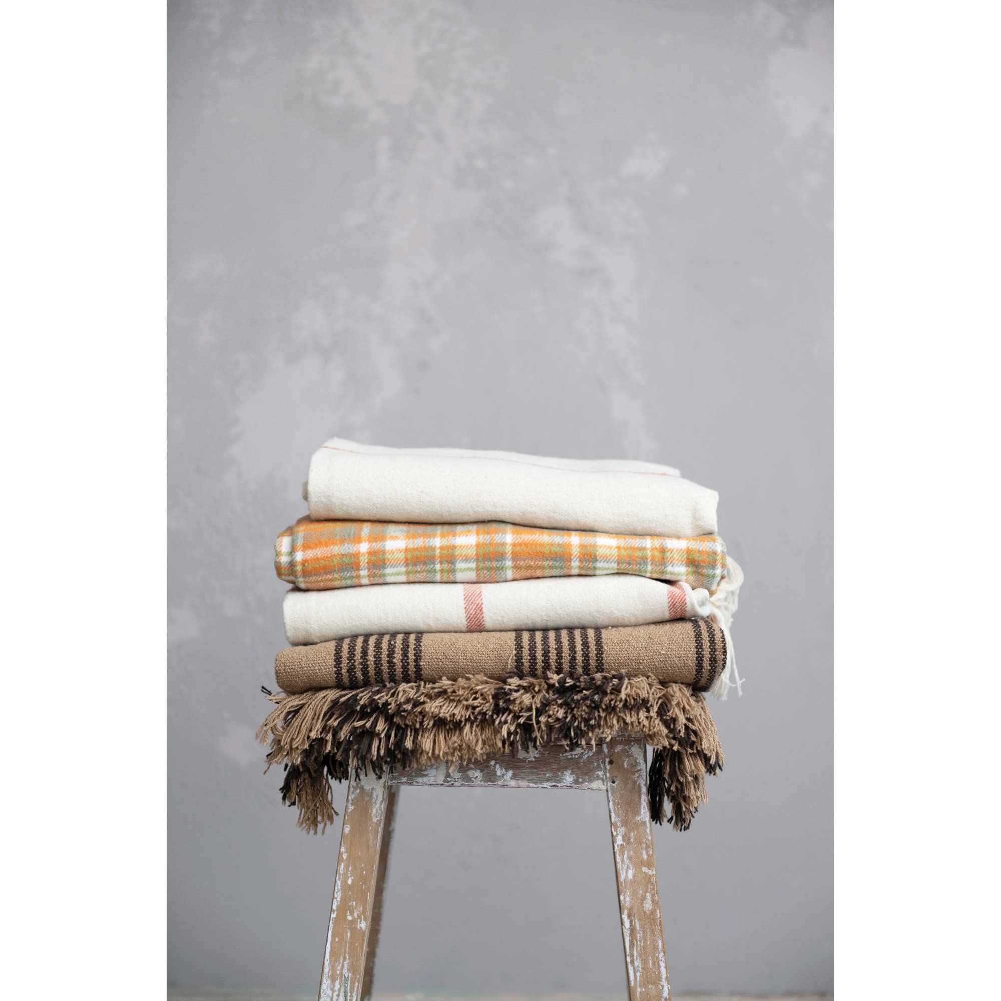 Creative Co-Op Cotton Flannel Throw Blanket with Grid Pattern and Fringe, Cream and Rust