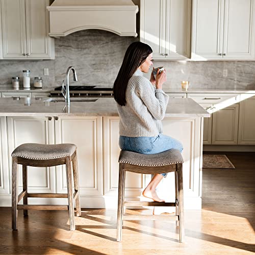 Maven Lane Adrien Backless Saddle Kitchen Counter Stool 25.7" H, Dark Walnut Finish and Stone Grey Performance Fabric, Nail Head Trim Design, Set of 2