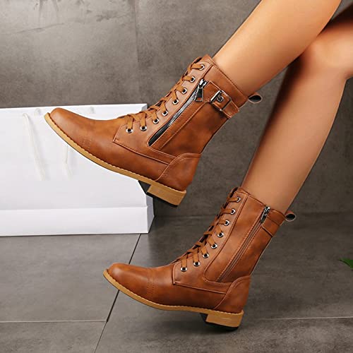 FASDNENDYS Boots for Women Low Heel Heel Side Motorcycle Chunky Boots Shoes for Women Zipper Cowboy Boots 1 Inch Heel Brown