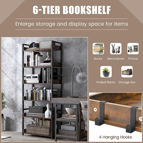Tangkula 6-Tier Bookshelf, 70β Tall Industrial Bookcase w/Open Shelves & 4 Hooks, Storage Rack w/Metal Frame, Vintage Standing Display Rack for Study Living Room Kitchen (Rustic Brown, 6-Tier)