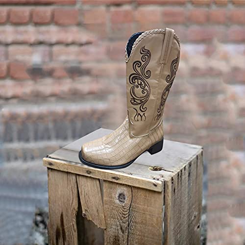 FASDNENDYS Boots for Women with Heel Booties Shoes Heels Women Retro Slip On Round Booties for Women Comfortable Beige