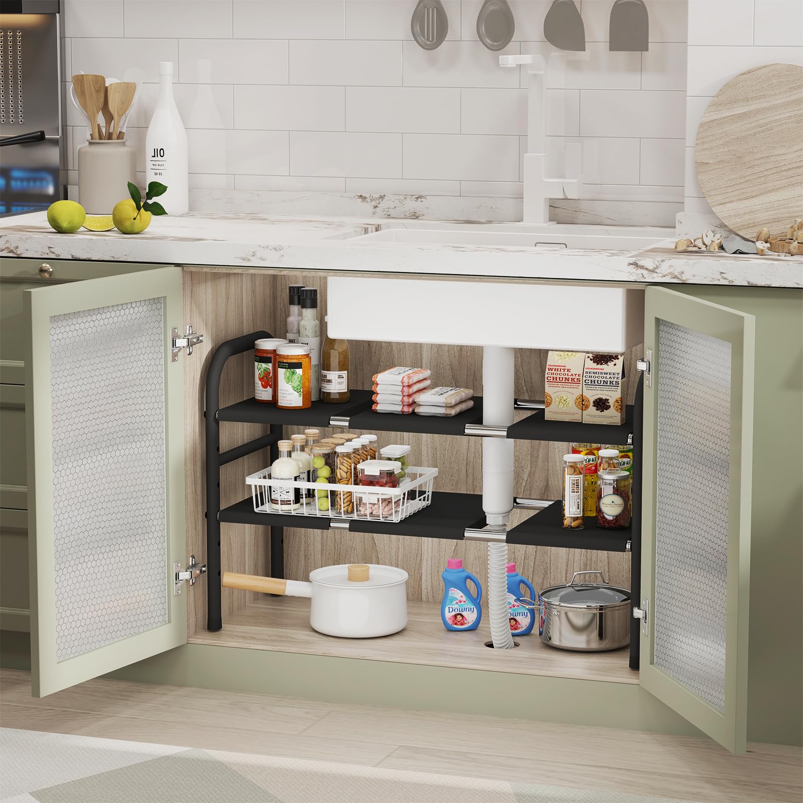 WonCherry Expandable Under Sink Organizers, 2-Tier Kitchen Bathroom Cabinet Storage Counter Shelf, Shoe Storage Rack with 8 Removable Plastic Boards for Kitchen, Bathroom, Pantry, Entryway, Closet