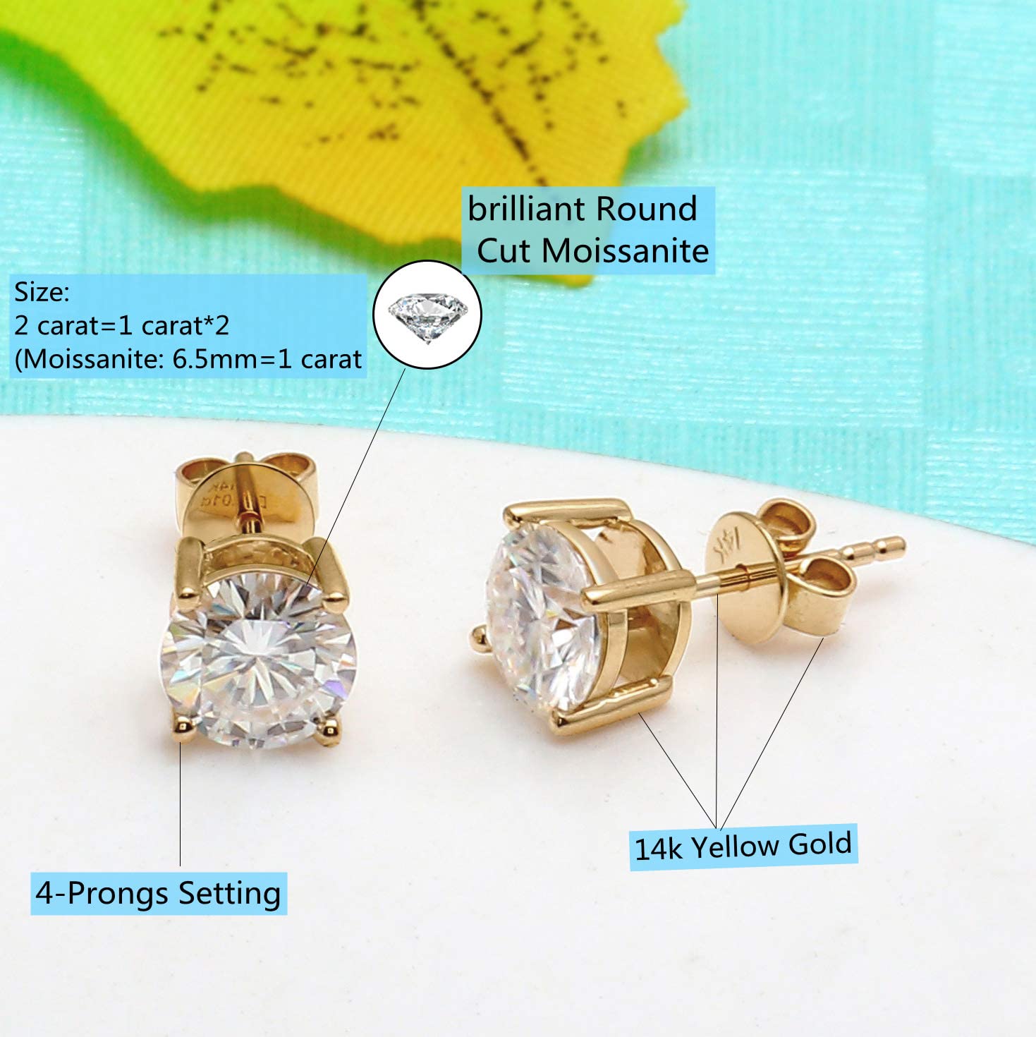 DovEggs Solid 14K Yellow Gold 2ct 6.5mm G-H Color Heart Arrows Cut Moissanite Basket Stud Earrings Push Back for Women