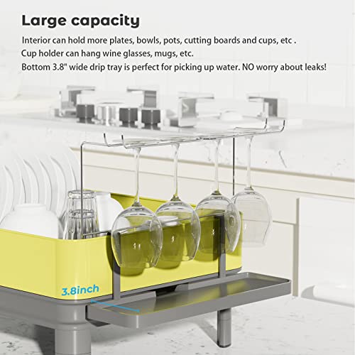 MTCIZI Dish Drying Rack, Large Dish Rack Set for Kitchen Counter, Stainless Steel Over Sink Dish Drainer with Wine Glass Holder Utensil Holder, Durable Large Capacity Organizer Grey/Green