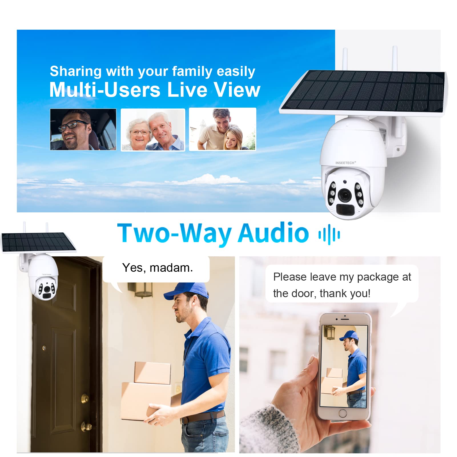 INSEETECH Solar Security Camera Wireless Outdoor, Tuya Pan Tilt Solar Powered WiFi Camera for Home Security, 2MP 98FT Night Vision, Motion Detection, Waterproof IP66 2 Way Audio, Two Installation