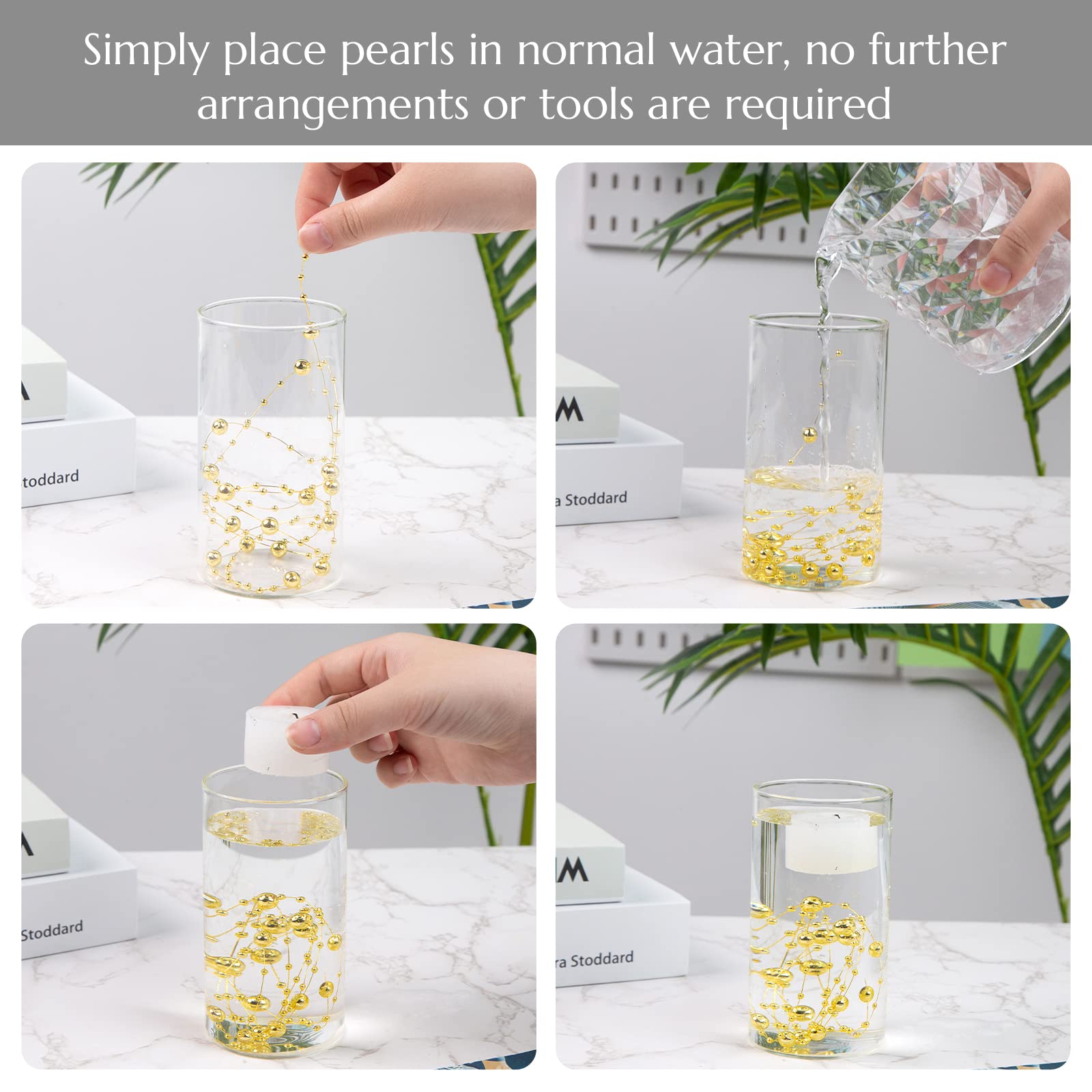 DomeStar 36 Pcs Artifical Gold Pearl String for Floating Candle,Floating Faux String Pearls Beads for Vases Filler Centerpiece Christmas Wedding DIY Crafts Party Decor