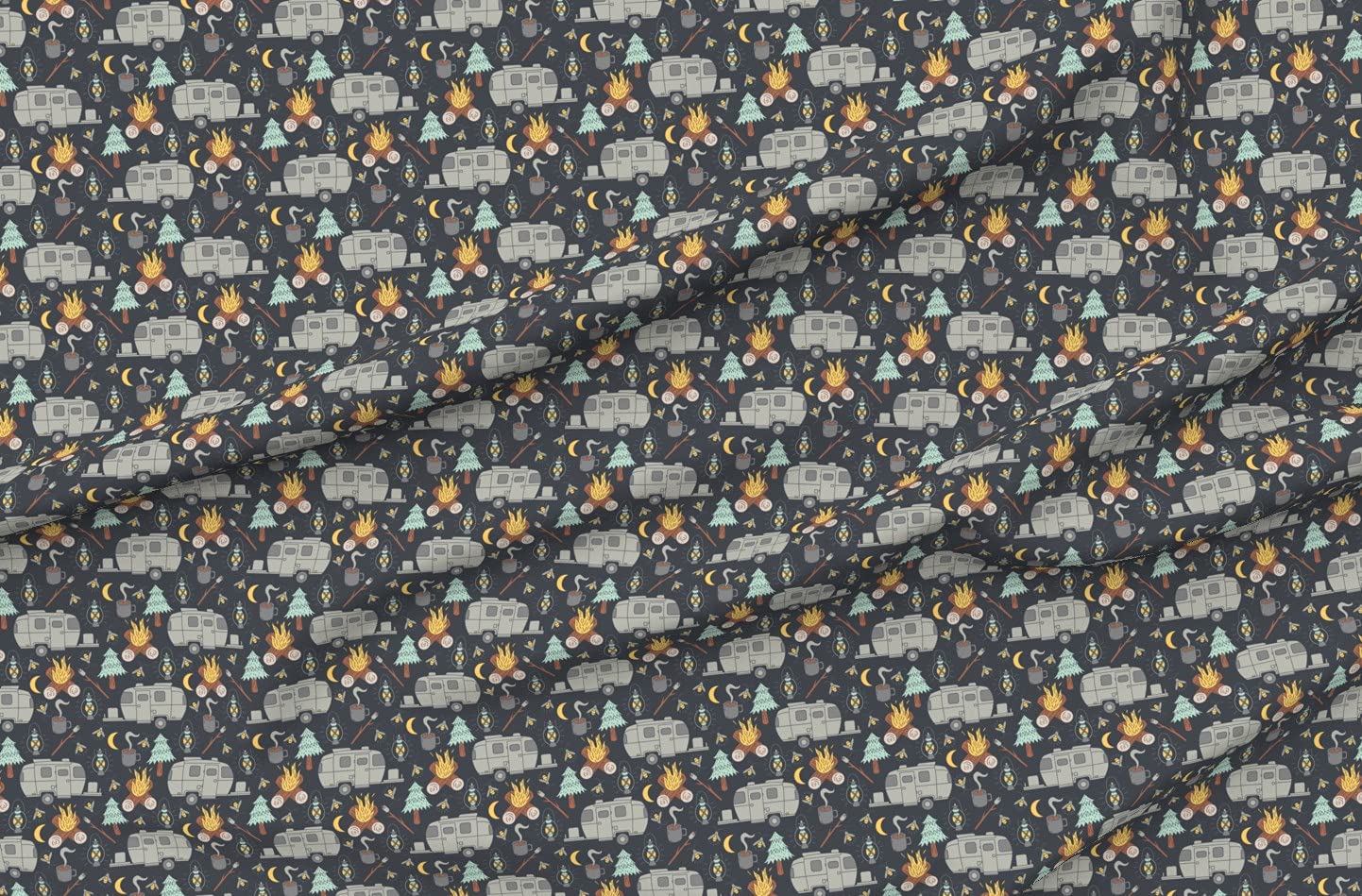 Spoonflower Fabric - Retro Camping Camper Campfire Fireflies Coffee Outdoors Printed on Petal Signature Cotton Fabric by The Yard - Sewing Quilting Apparel Crafts Decor