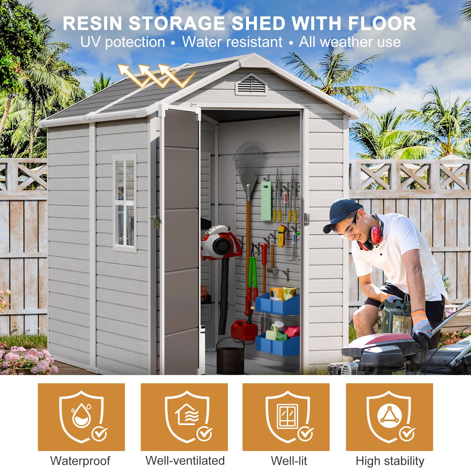 Outdoor Resin Storage Shed 6x4 FT, Large Waterproof Outside Sheds Storage with Floor Window Lockable Door Included, Plastic Sheds for Backyard Garden Patio Lawn Tools, Gray