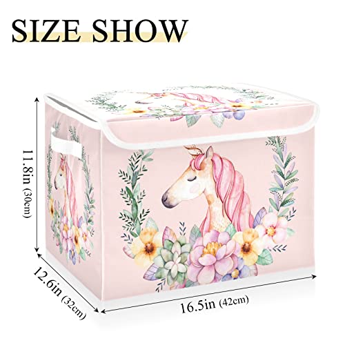 Kigai Valentine Unicorn Flower Lidded Home Storage Bins, Foldable Storage Basket with Double Handle, Flip-Top Storage Box for Toys Clothes Documents