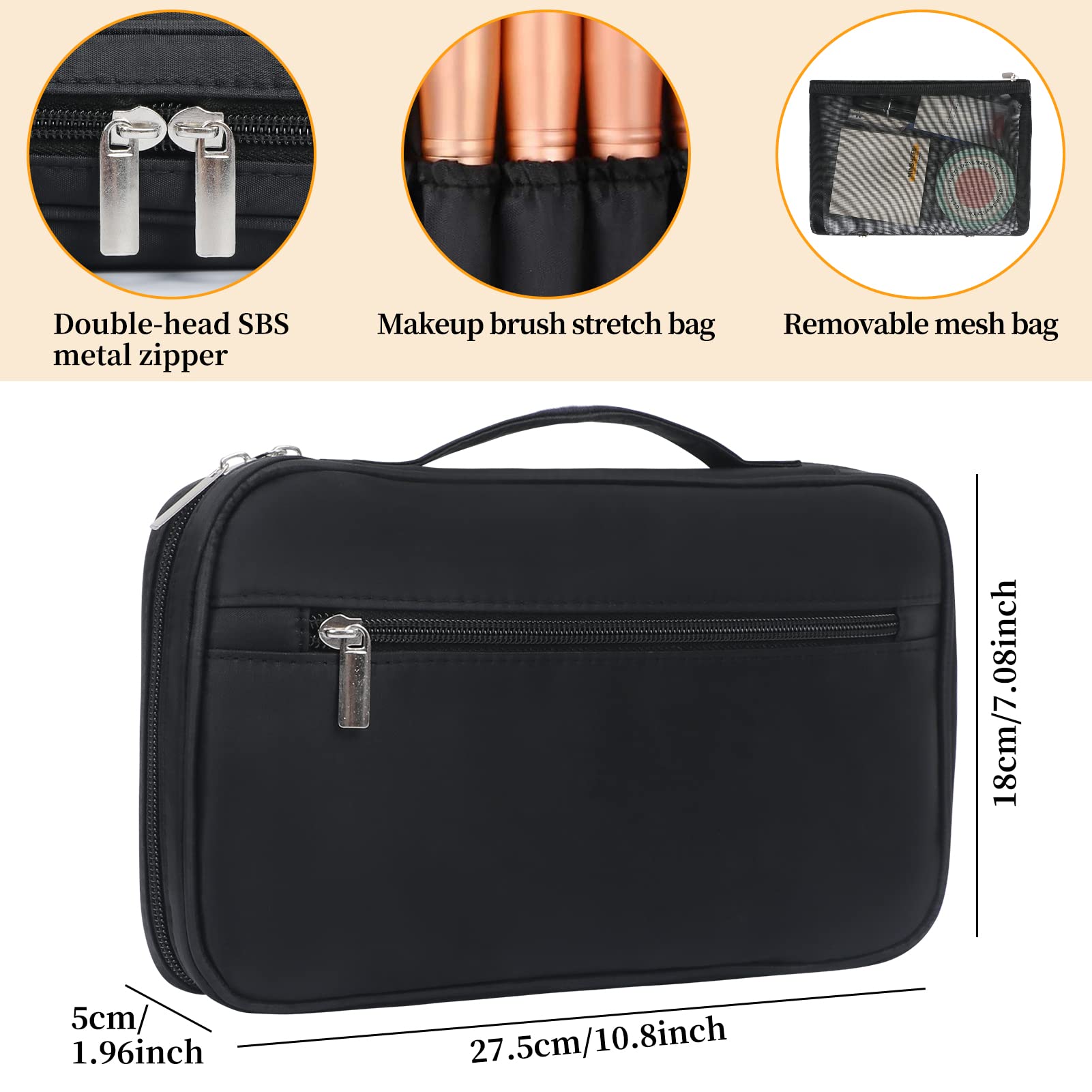 GoodSing Makeup Brush Bag, Portable Makeup Bag with Brush Organizer Large Capacity Travel Brush Storage Organizer Pouch with Small Mesh Cosmetic Bag, Black