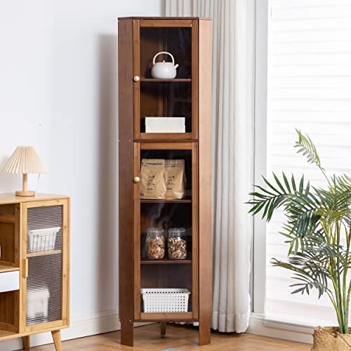Maydear 5-Tier Corner Bookcase with Door, Tall Corner Cabinet Bamboo Corner Bookshelf Corner Storage Cabinet Display Shelf and Plant Stand for Living Room, Bedroom, Home Office, Kitchen
