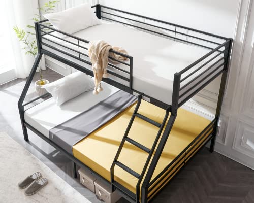 VINGLI Metal Bunk Bed Twin Over Full, Flat Steps, Black