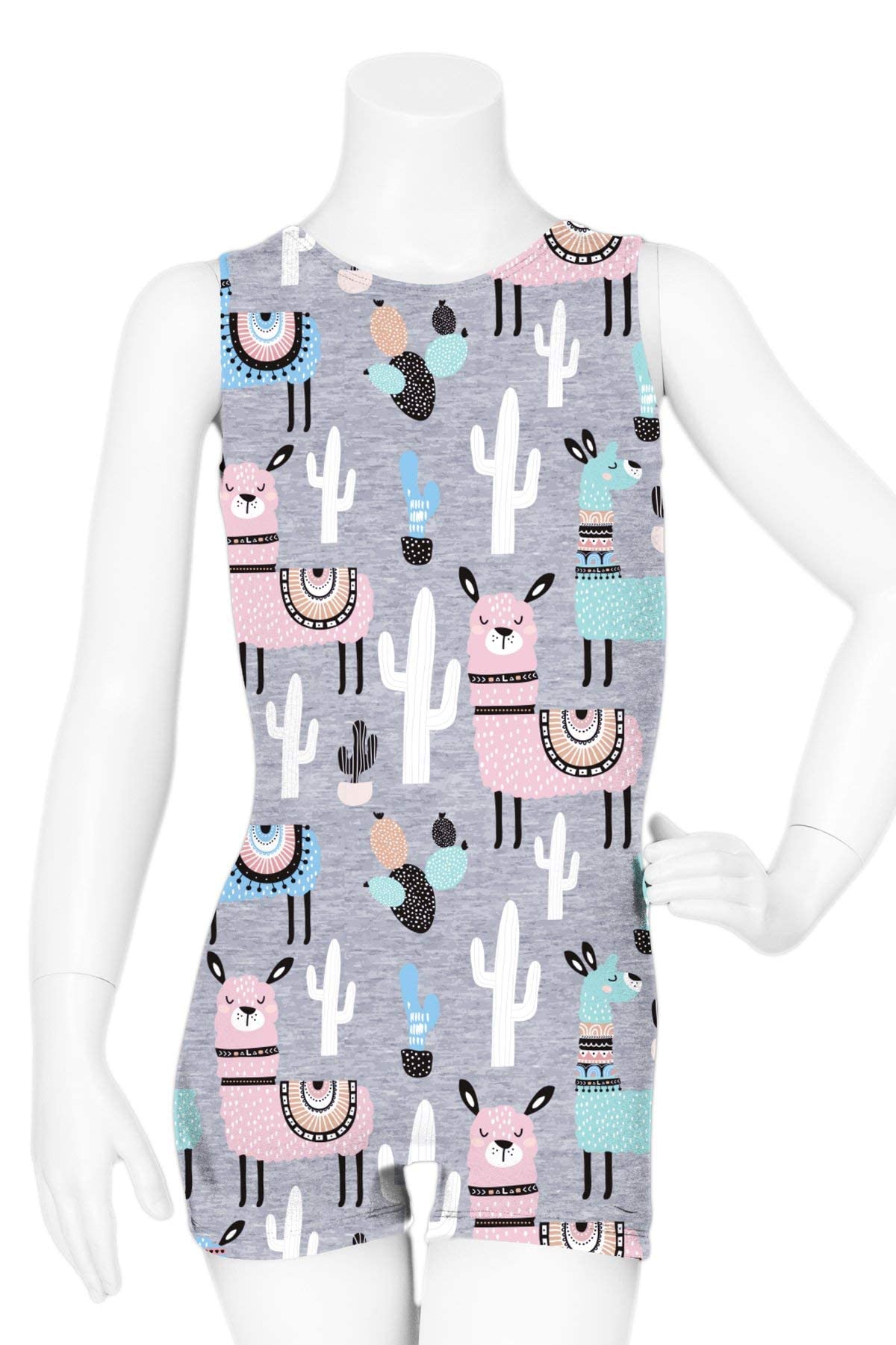 Destira Llama Llove Grey Gymnastics Unitard For Girls, Soft Fabric Biketard Athletic Wear, Child Large