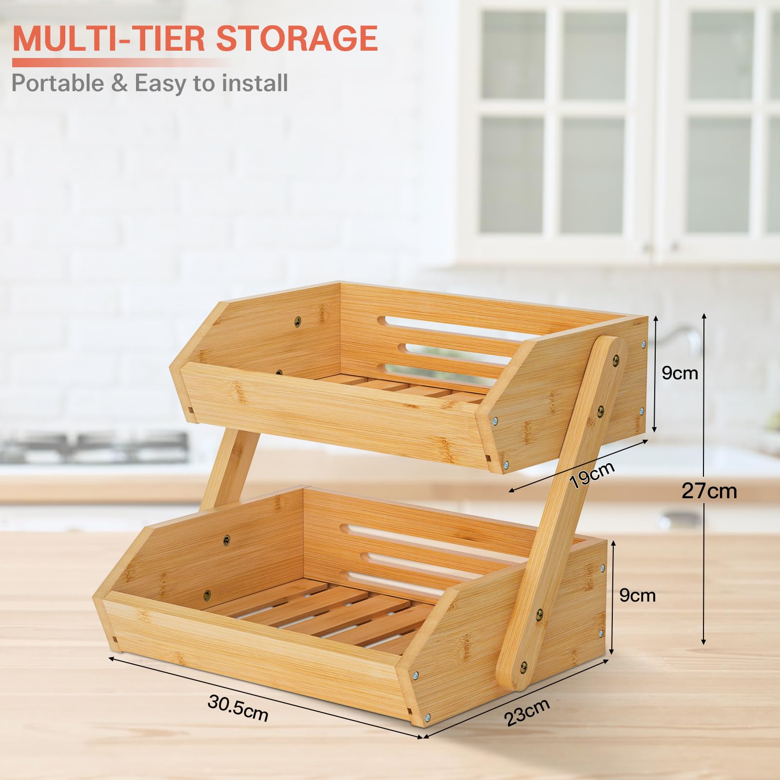 G.a HOMEFAVOR Large Bamboo Fruit Basket, 2-Tier Fruit Bowl for Kitchen Counter, Vegetable Storage Stand for Fruit Shop, 15 mm Thickness (Self-assembly)