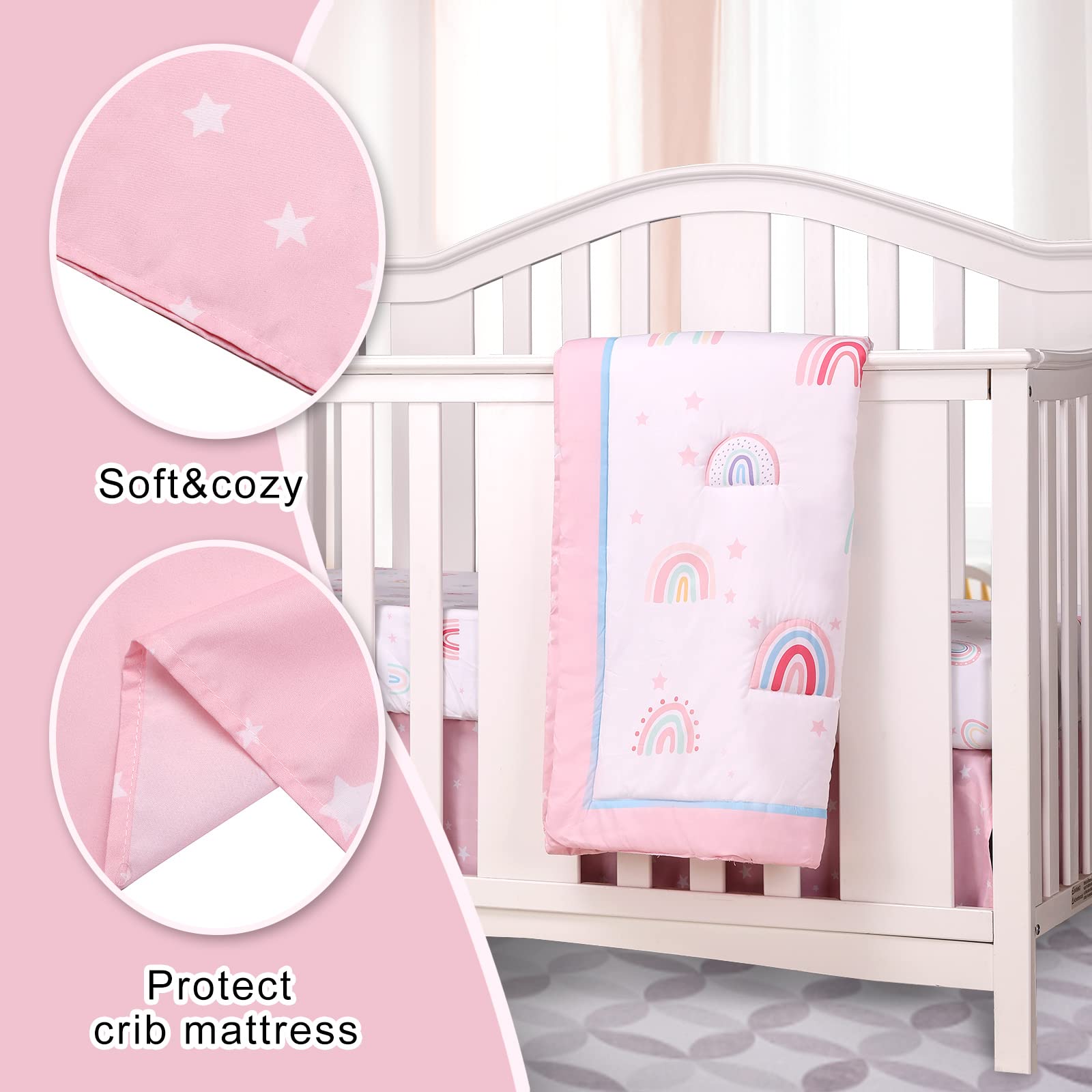 Honkaii Boho Rainbow 3-Piece Crib Bedding Set, Baby Nursery Bedding Sets Including Crib Quilt, Crib Skirt, Crib Sheet, Pink Crib Sets for Girls