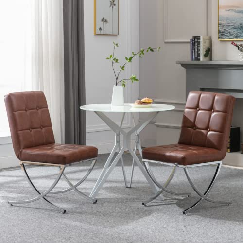LukeAlon PU Leather Dining Chairs Set of 2, Upholstered Button Tufted Dining Room Chairs with Metal Legs Modern Armless Dinner Chairs Comfy Side Chairs for Kitchen, Brown