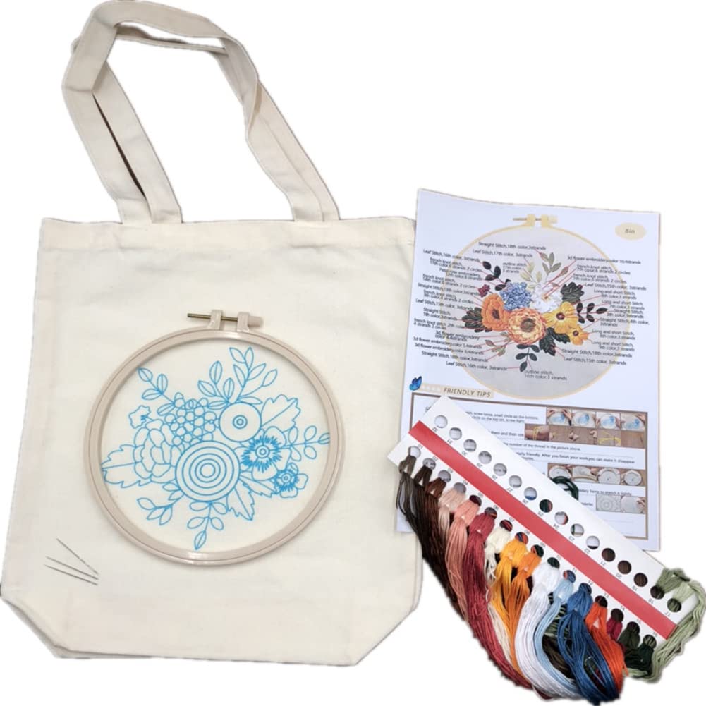 CREATIVE HOBBIES Plant Flower PatternEmbroidery Kit,Handmade Cross Stitch Kits,Canvas One-Shoulder Bag Easy Embroidery Kit for Beginners Women Adults DIY Crafts