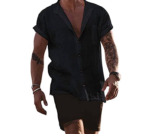 MBETA Cotton and Linen Solid Color Cardigan Loose Short Sleeve Shirt Suitable for Summer Menswear