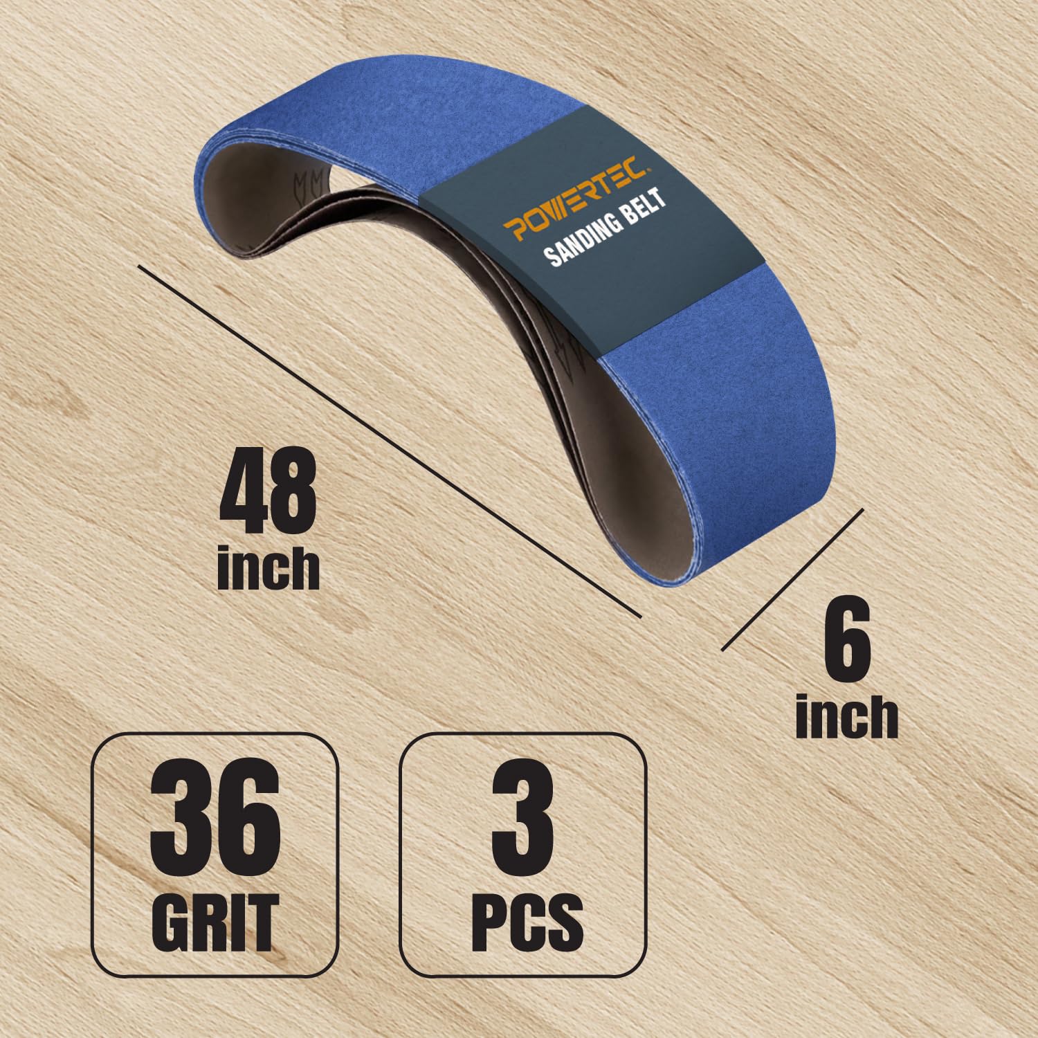 POWERTEC 6 x 48 Inch Zirconia Sanding Belts, 36 Grit Belt Sander Sanding Belt for Bench Sander, Belt and Disc sander, Woodworking, Metal Grinding, 3PK (4648036Z-3)