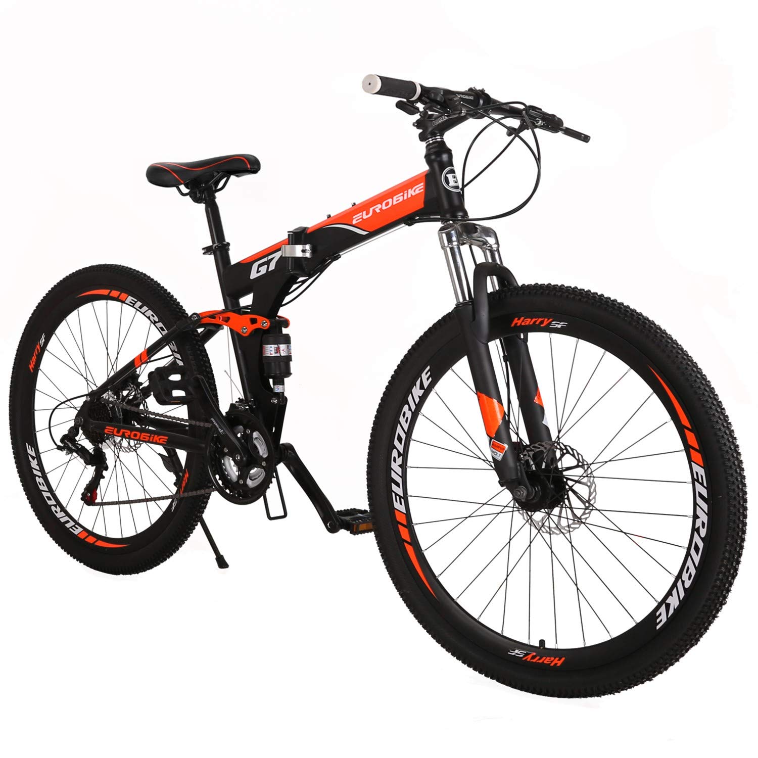 EUROBIKE Folding Mountain Bike 21 Speed Full Suspension Bicycle 27.5 inch MTB (Orange)