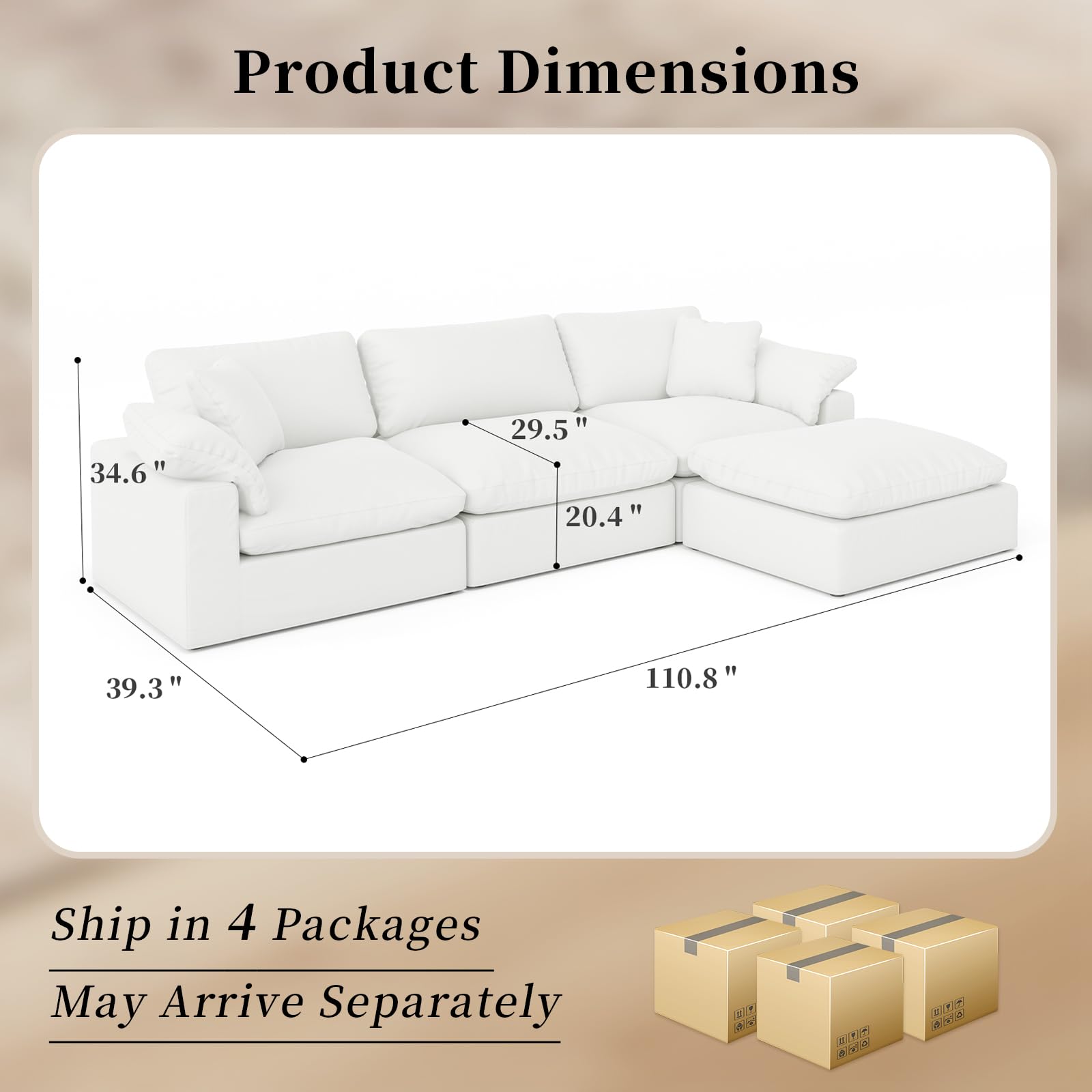 Intuition Decor Modular Sectional Sofa Cloud Couch,Down Filled Comfy Cloud Modern Sofa,White Linen L Shape Oversized Couch Cushion Covers Removable for Living Room, 3 Seater+1 Ottoman