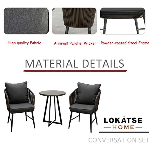 LOKATSE HOME Outdoor 3 Piece Bistro Set Patio Wicker Modern Balcony Furniture Include 2 Chairs with Seat and Back Cushions and 1 Coffee, Black Table Top