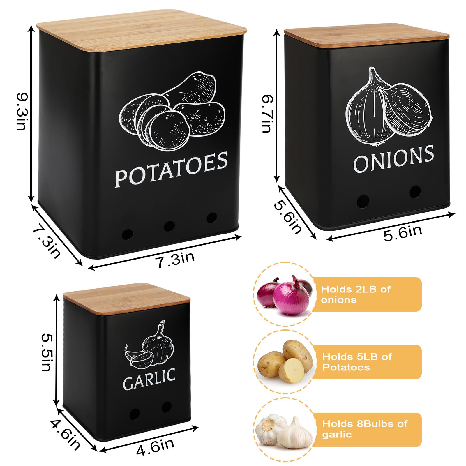 Moondust Wj 3 Pack Vegetable Storage Tins,Potatoes Storage,Metal Onion and Potato Storage Bins,Kitchen Potato and Onion Storage Bin,Onion Storage Containers with Aerating Holes and Wooden Lid.