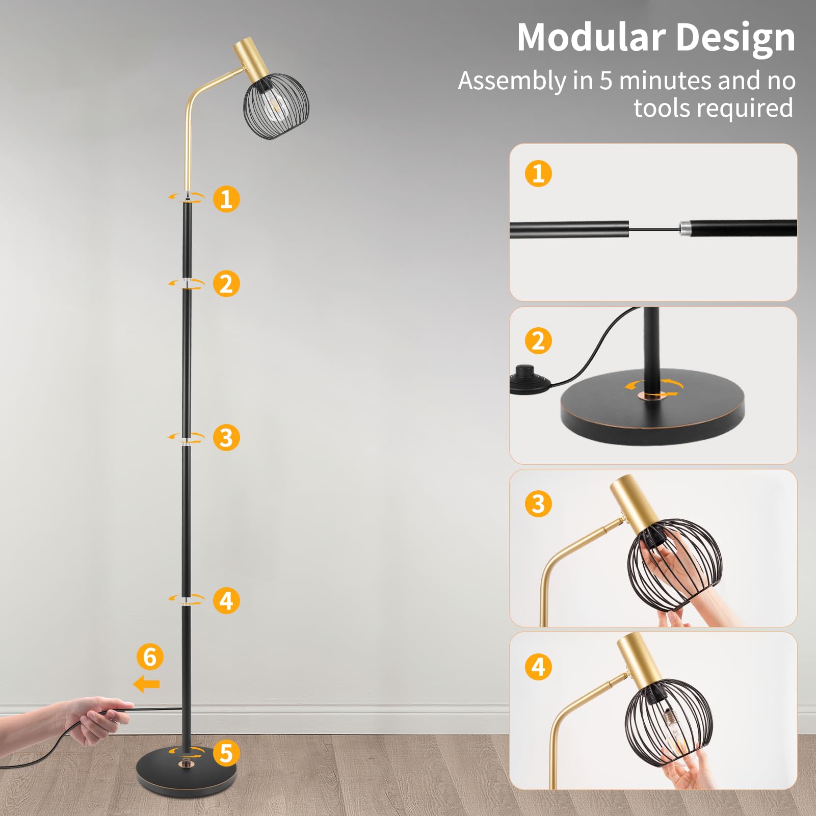 Duheypo Dimmable Floor Lamp, Industrial Floor Lamps for Living Room, Farmhouse Tree Floor Lamp Rustic Standing Tall Lamp with 3 LED Edsion Bulbs