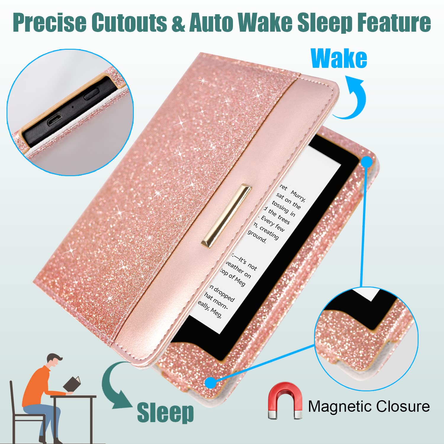 DMLuna Kindle Paperwhite Case, Fits 11th Generation 2021, 6.8”, Smart Protective Durable Premium PU Leather Cover with Auto Sleep Wake, Hand Strap, Card Slots, Magnetic Clasp, Glitter Rose