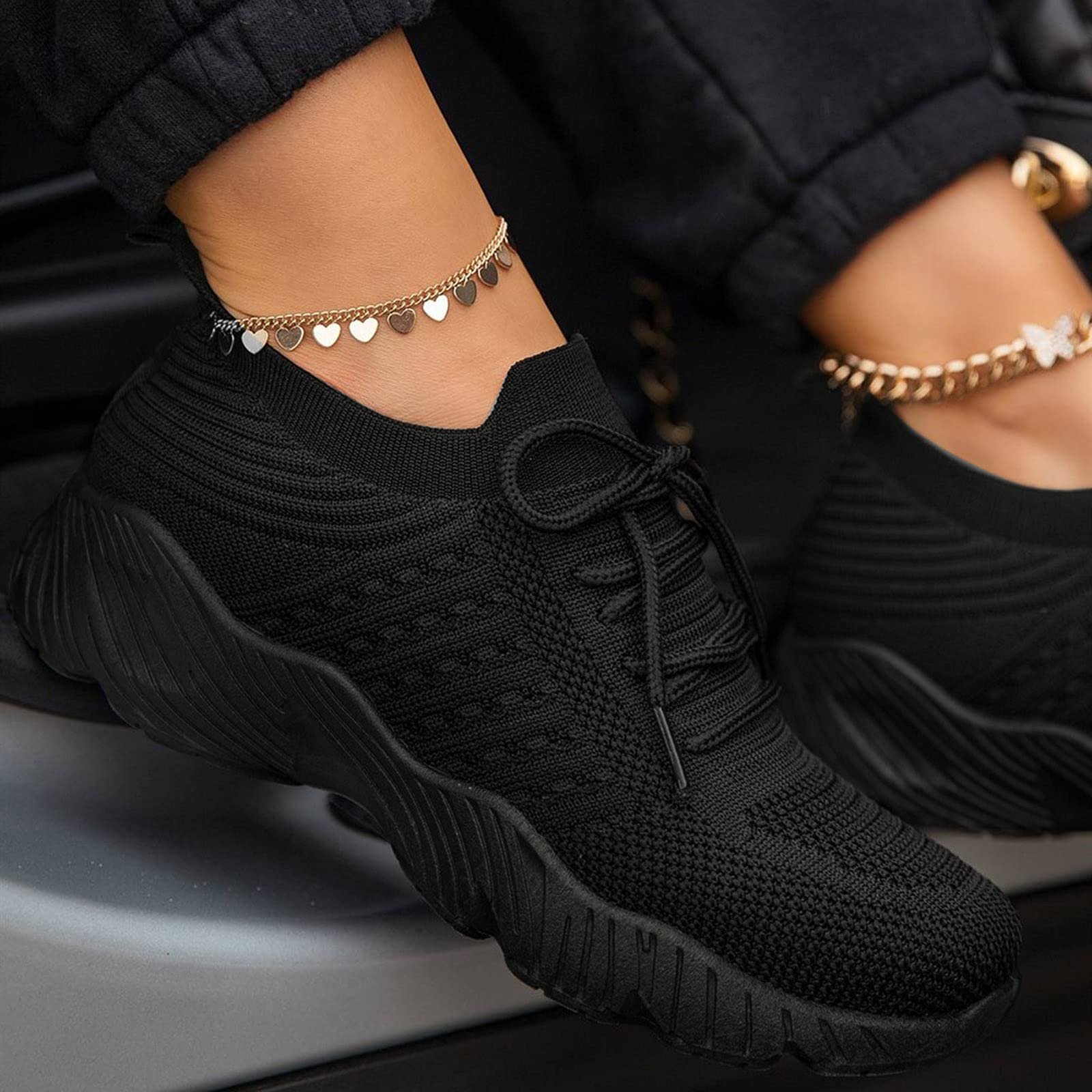 FASDNENDYS Fashion Lace-up Knitted Flying Size Solid Large Color Women's Platform Women's Womens Running Shoes Gel Black