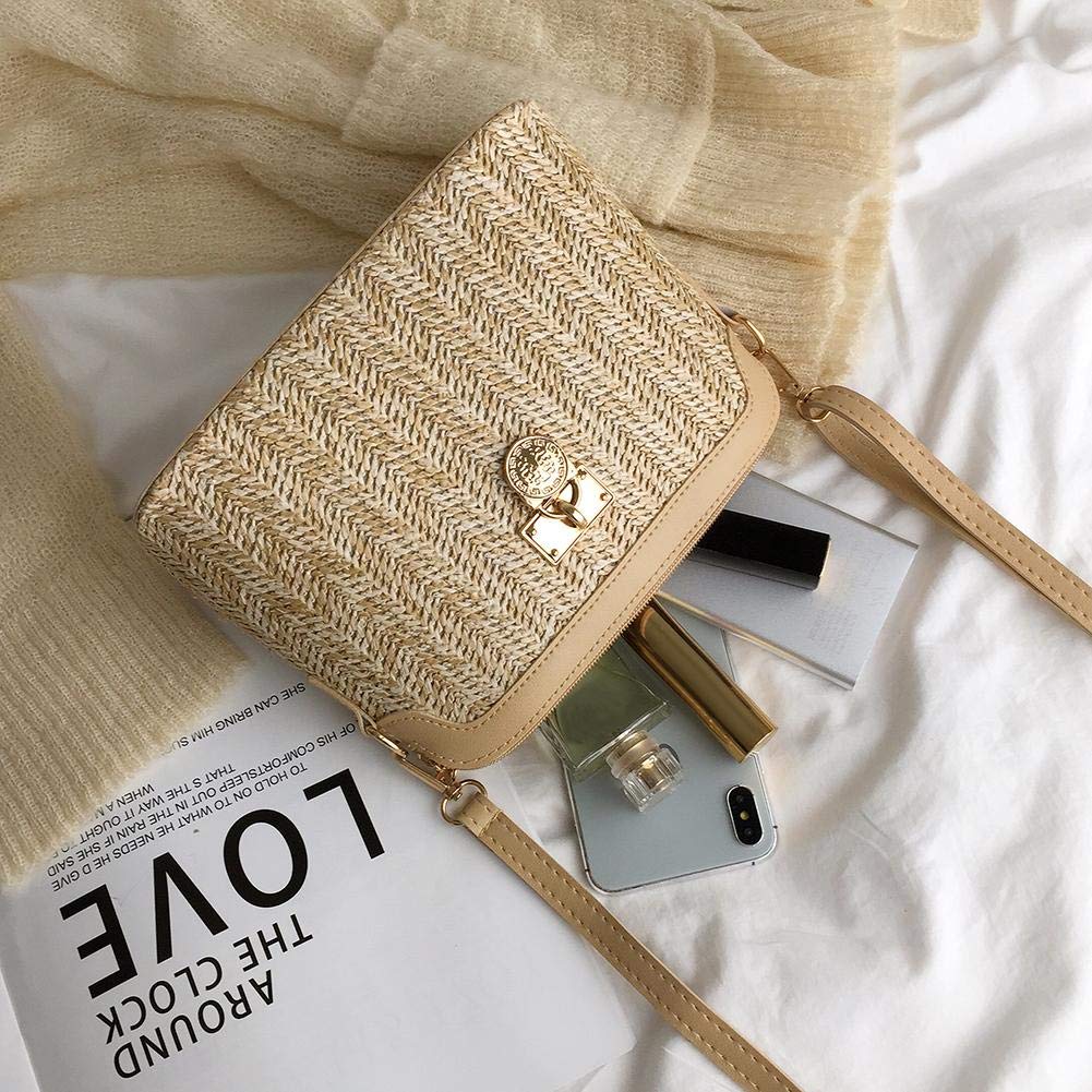 Fashion Straw Crossbody Bag Woven Boho Beach Holiday Women Shell Shoulder Bags, Light Brown, 21 x 18 x 5cm