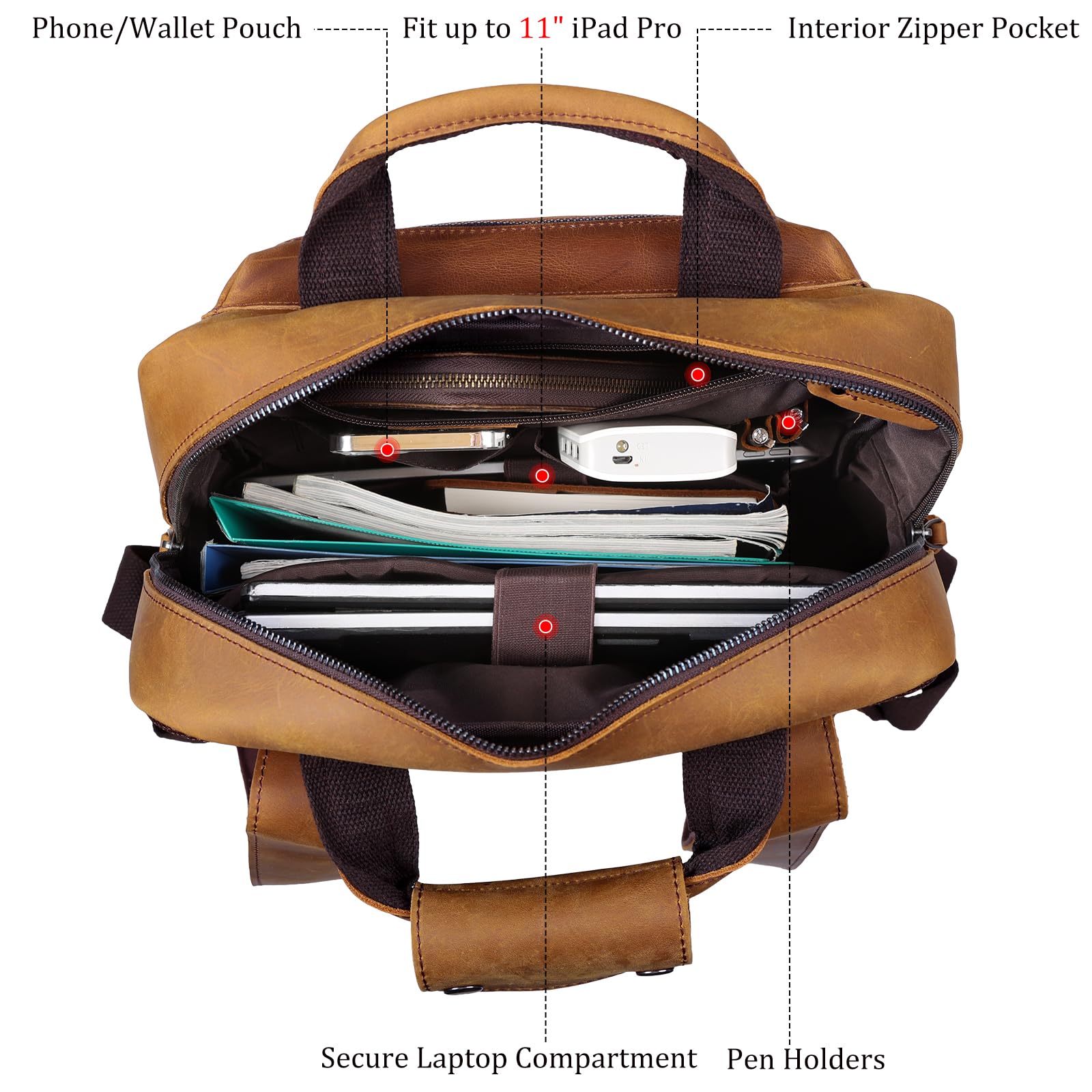 Polare Cowhide Leather Multiple Laptop Backpack Day Pack Travel Bag Satchel For Men