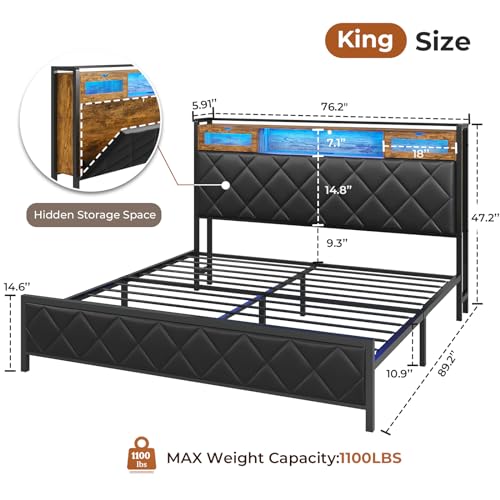 DICTAC King Size Bed Frame with Storage Headboard and Led Lights,Metal Platform Bed Frame King Size with Headboard and Charging Station,Rustic Brown