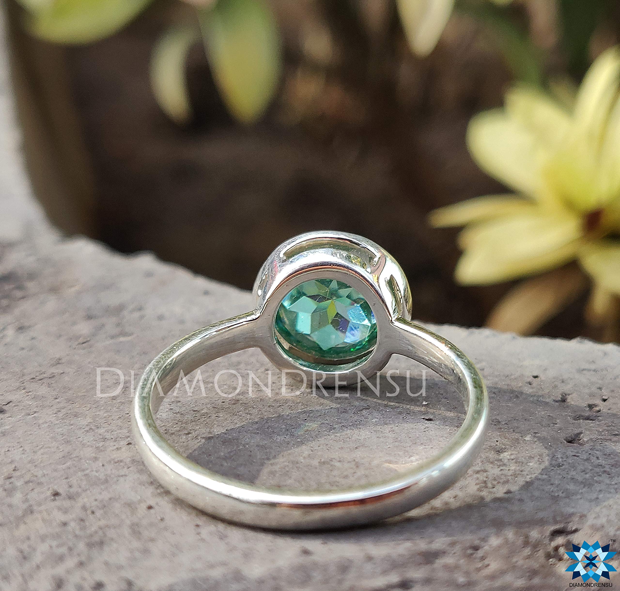 Diamondrensu Bezel Set Solitaire Ring, 2.01 CT Round Rose Cut Cyan Blue Moissanite Engagement Ring, 925 Silver, Wedding Ring, Bridal, Ring size 10 US